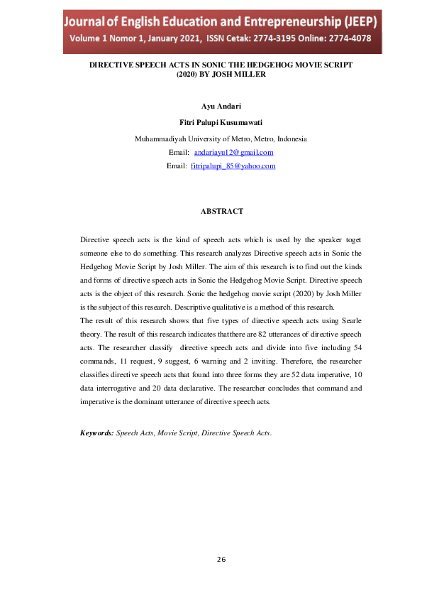 (PDF) Directive Speech Acts in Sonic the Hedgehog Movie Script (2020 ...