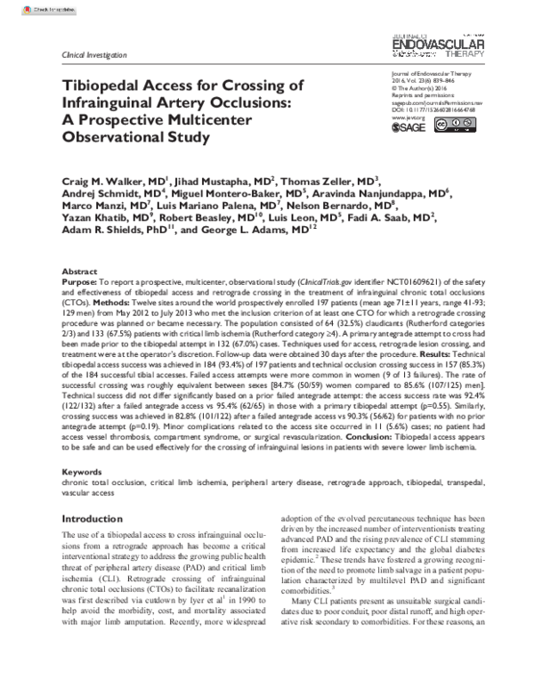 (PDF) Tibiopedal Access for Crossing of Infrainguinal Artery Occlusions: A Prospective ...