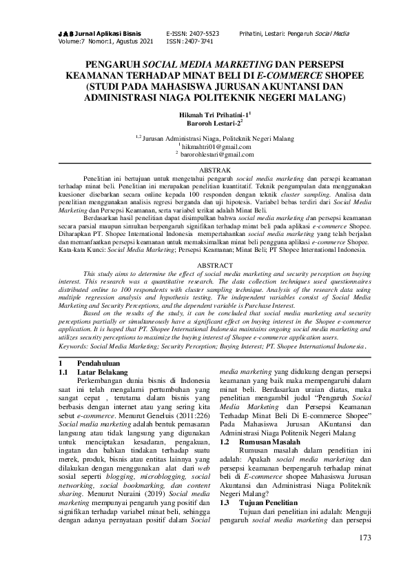 (PDF) Pengaruh Social Media Marketing Dan Persepsi Keamanan Terhadap Minat Beli DI E-Commerce ...