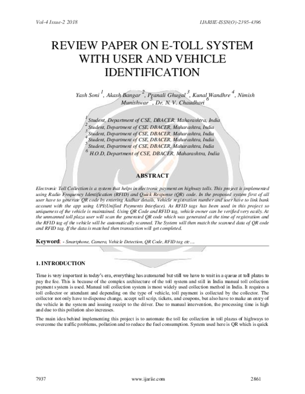 (PDF) Review Paper on e - Toll System with User and Vehicle Identification