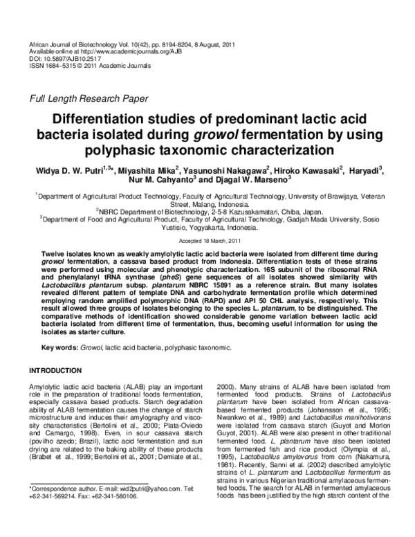 (PDF) Differentiation studies of predominant lactic acid bacteria isolated during growol ...