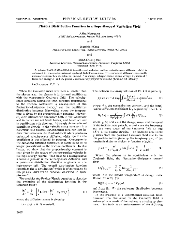 (PDF) Plasma Distribution Function in a Superthermal Radiation Field
