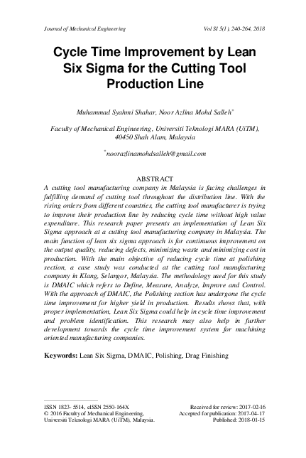 (PDF) Cycle time improvement by lean six sigma for the cutting tool ...