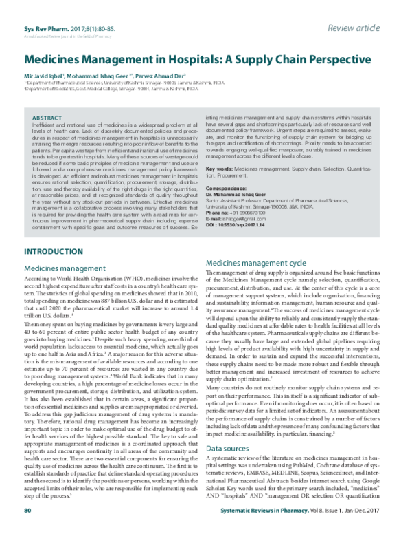 (PDF) Medicines Management in Hospitals: A Supply Chain Perspective