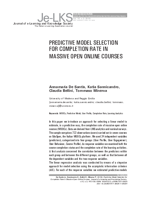 (PDF) Predictive Model Selection for Completion Rate in Massive Open Online Courses