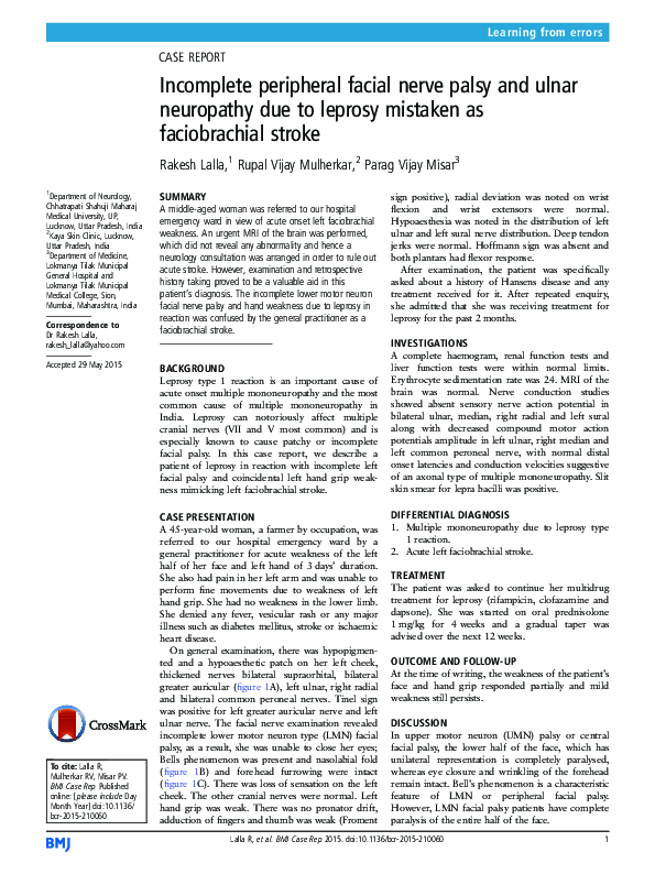 (PDF) Incomplete peripheral facial nerve palsy and ulnar neuropathy due ...
