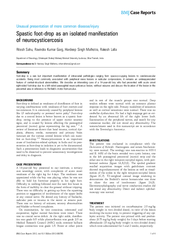(PDF) Spastic foot-drop as an isolated manifestation of neurocysticercosis