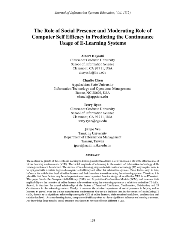 (PDF) The role of social presence and moderating role of computer self efficacy in predicting ...