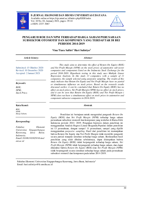 (PDF) Pengaruh Roe Dan NPM Terhadap Harga Saham Perusahaan Subsektor Otomotif Dan Komponen Yang ...