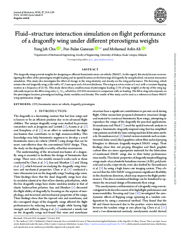 (PDF) Fluid–structure interaction simulation on flight performance of a dragonfly wing under ...