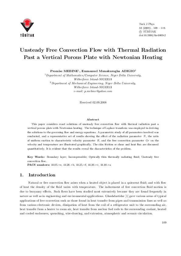 (PDF) Unsteady Free Convection Flow with Thermal Radiation Past a Vertical Porous Plate with ...