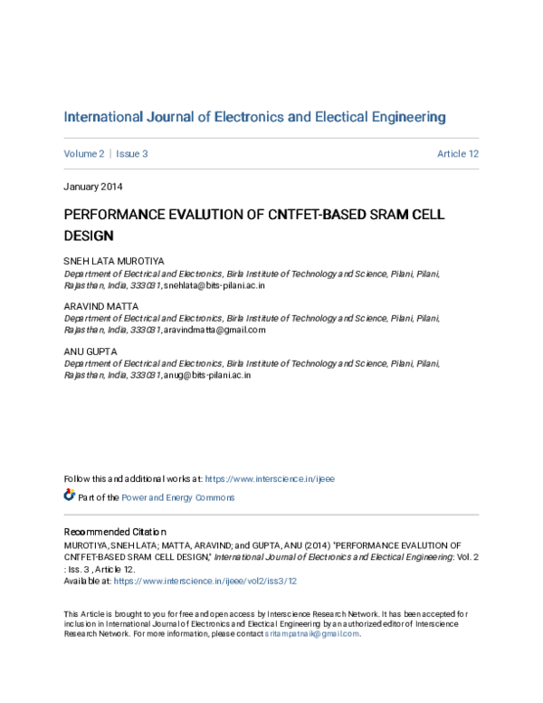 (PDF) Performance Evalution of Cntfet-Based Sram Cell Design