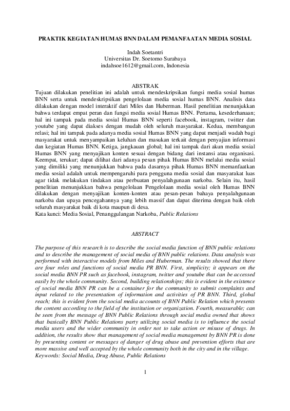 (PDF) PRAKTIK KEGIATAN HUMAS BNN DALAM PEMANFAATAN MEDIA SOSIAL