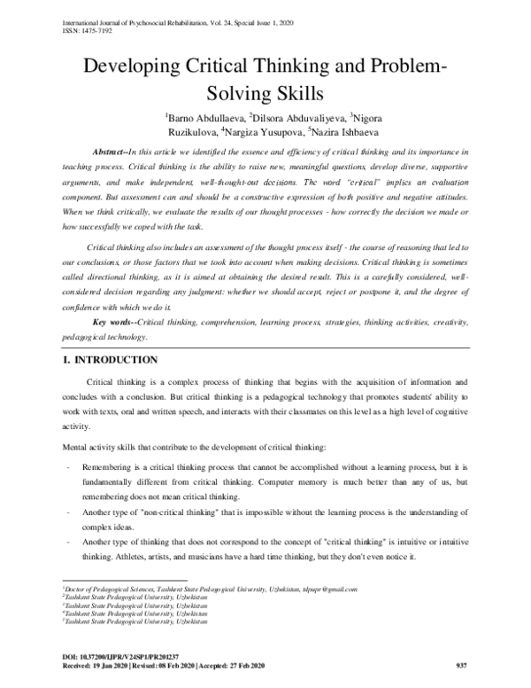 (PDF) Developing Critical Thinking and Problem- Solving Skills