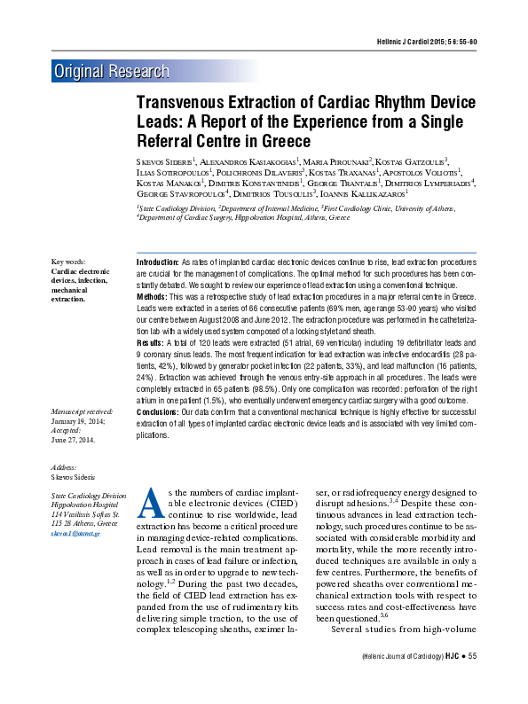 (PDF) Transvenous extraction of cardiac rhythm device leads: a report ...