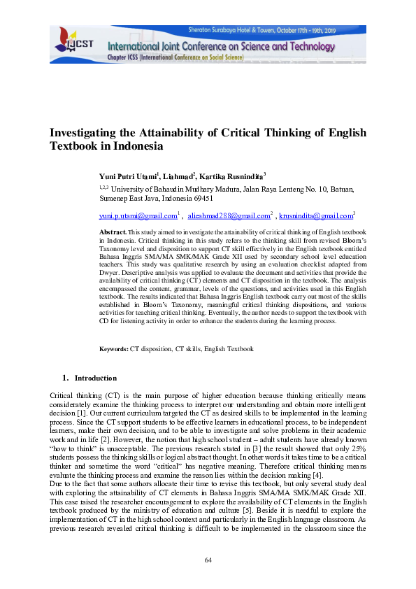 (PDF) Investigating the Attainability of Critical Thinking of English ...