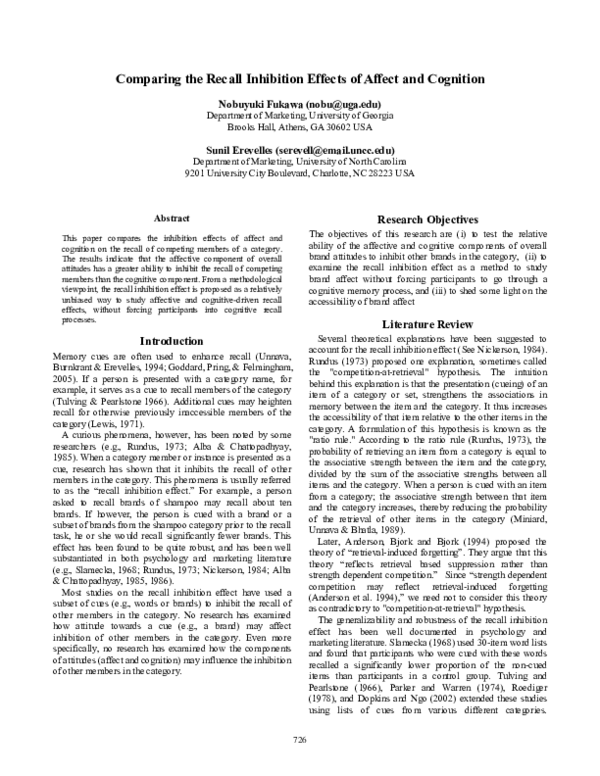 (PDF) Comparing the Recall Inhibition Effects of Affect and Cognition