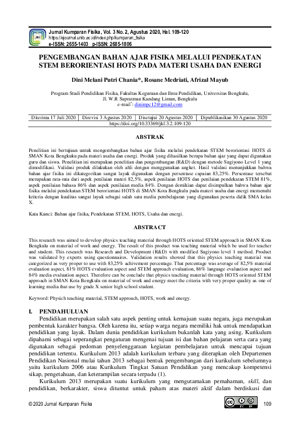 (PDF) Pengembangan Bahan Ajar Fisika Melalui Pendekatan Stem Berorientasi Hots Pada Materi Usaha ...