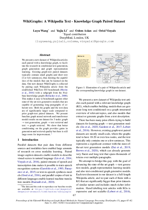 (PDF) WikiGraphs: A Wikipedia Text - Knowledge Graph Paired Dataset