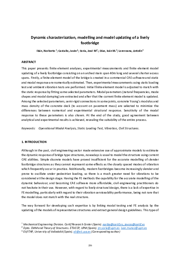 (PDF) Dynamic characterization, modelling and model updating of a lively footbridge | Javier ...