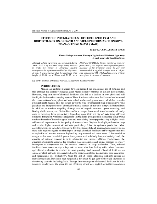 (PDF) EFFECT OF INTEGRATED USE OF FERTILIZER, FYM AND BIOFERTILIZER ON GROWTH AND YIELD ...