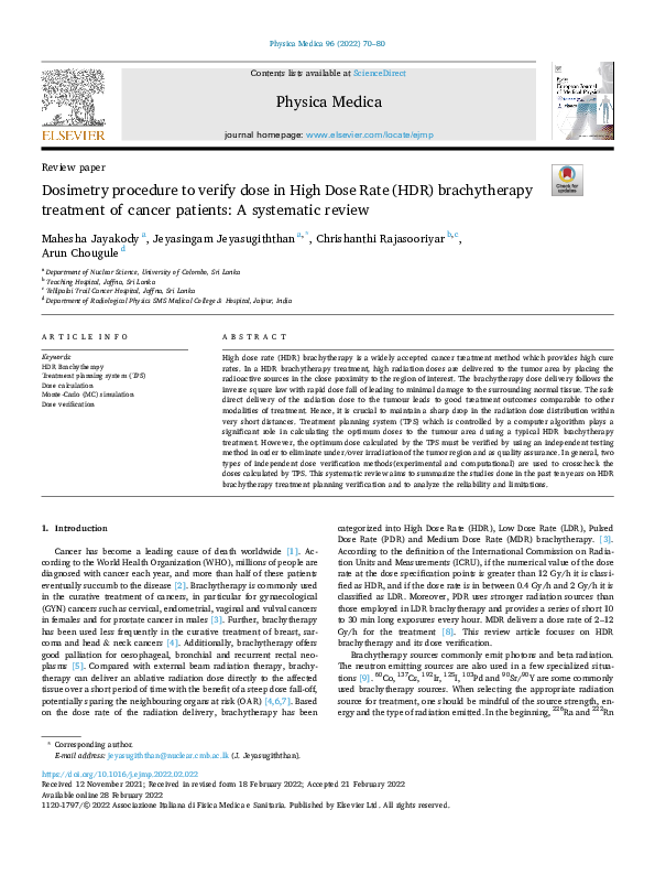 (PDF) Dosimetry procedure to verify dose in High Dose Rate (HDR ...