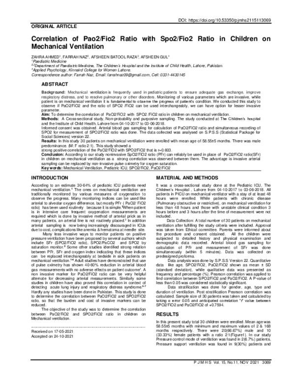 (PDF) Correlation of Pao2/Fio2 Ratio with Spo2/Fio2 Ratio in Children ...