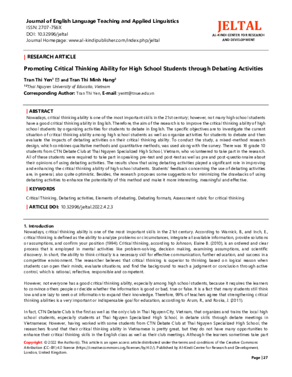 (PDF) Promoting Critical Thinking Ability for High School Students ...