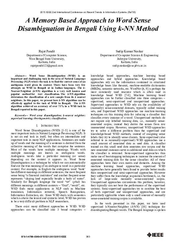 (PDF) A memory based approach to word sense disambiguation in Bengali using k-NN method | rajat ...
