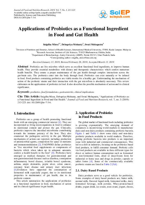 (PDF) Applications of Probiotics as a Functional Ingredient in Food and ...