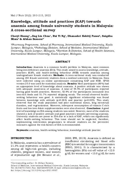 (PDF) Knowledge, attitude and practices (KAP) towards anaemia among female university students ...