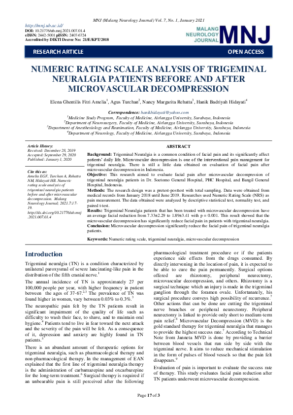 (PDF) Numeric Rating Scale Analysis of Trigeminal Neuralgia Patients ...