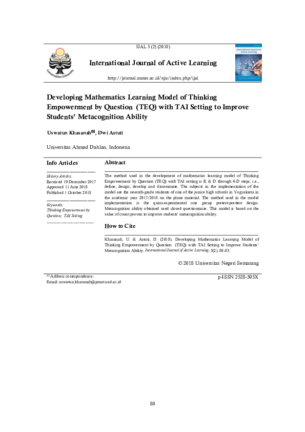 (PDF) Improving Metacognition in Mathematics with TEQ-TAI Model