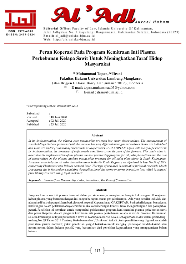 (PDF) Peran Koperasi Pada Program Kemitraan Inti Plasma Perkebunan ...