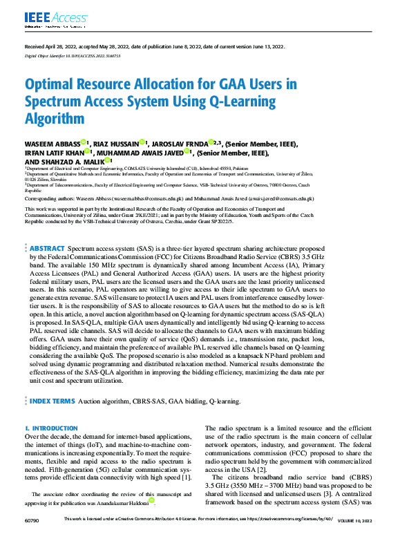 Pdf Optimal Resource Allocation For Gaa Users In Spectrum Access System Using Q Learning Algorithm