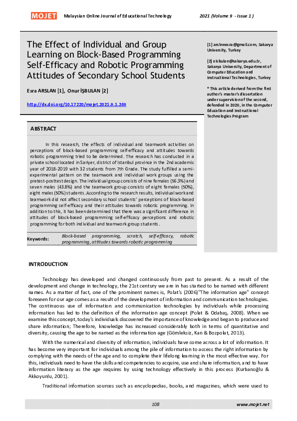 (PDF) The Effect of Individual and Group Learning on Block-Based ... (PDF) The Effect of Individual and Group Learning on Block-Based ...