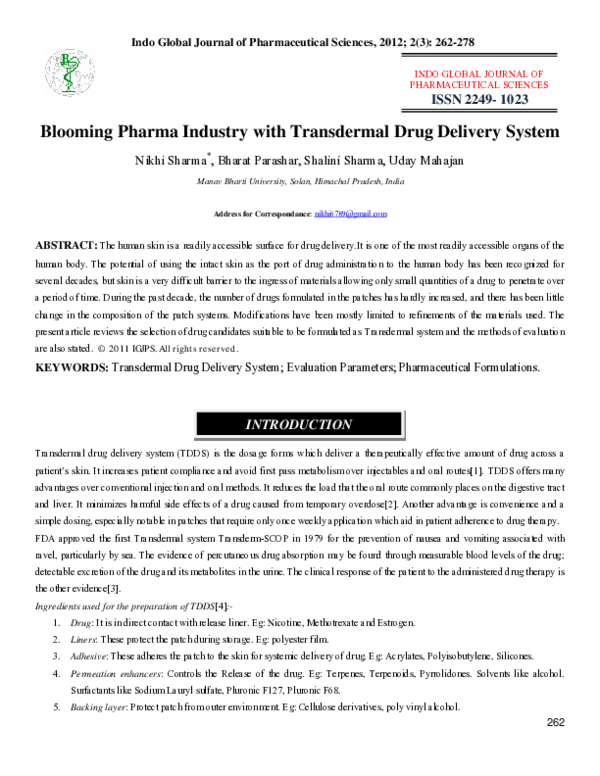 (PDF) Blooming Pharma Industry with Transdermal Drug Delivery System