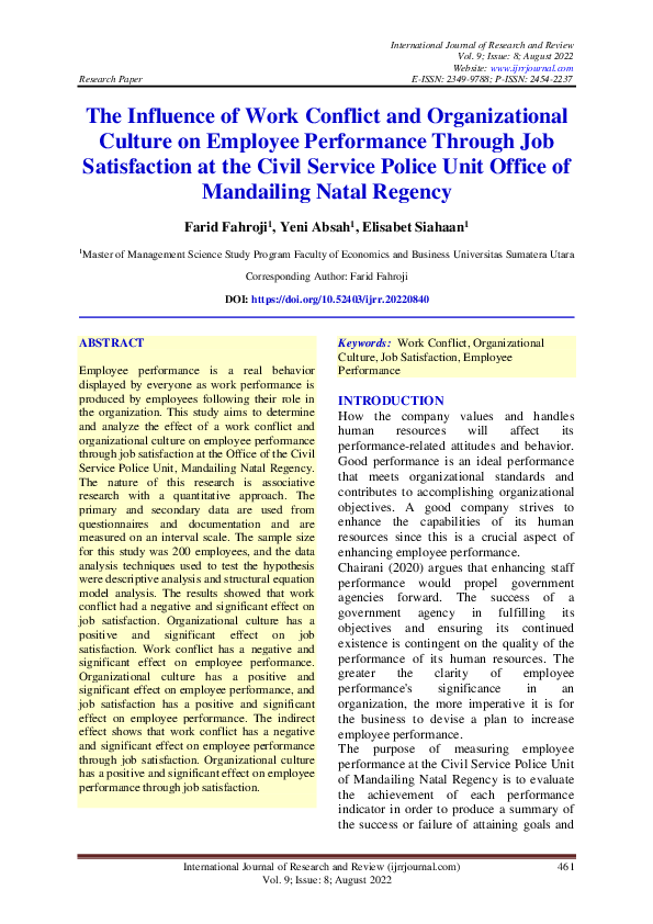 (PDF) The Influence of Work Conflict and Organizational Culture on Employee Performance Through ...