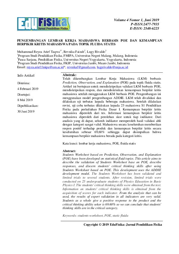 (PDF) Pengembangan Lembar Kerja Mahasiswa Berbasis Poe Dan Kemampuan Berpikir Kritis Mahasiswa ...