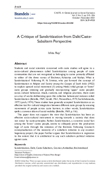 (PDF) A Critique of Sanskritization from Dalit/Caste-Subaltern Perspective