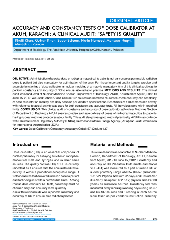 (PDF) Accuracy and Constancy Tests of Dose Calibrator At AKUH, Karachi ...