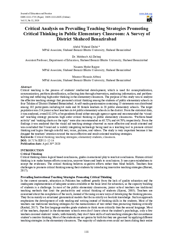 (PDF) Critical Analysis on Prevailing Teaching Strategies Promoting Critical Thinking in Public ...