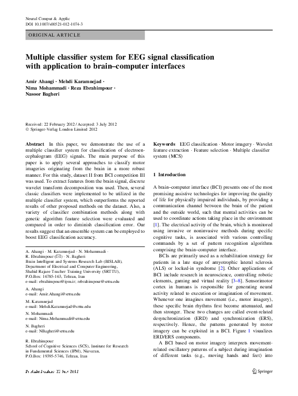 Pdf Multiple Classifier System For Eeg Signal Classification With
