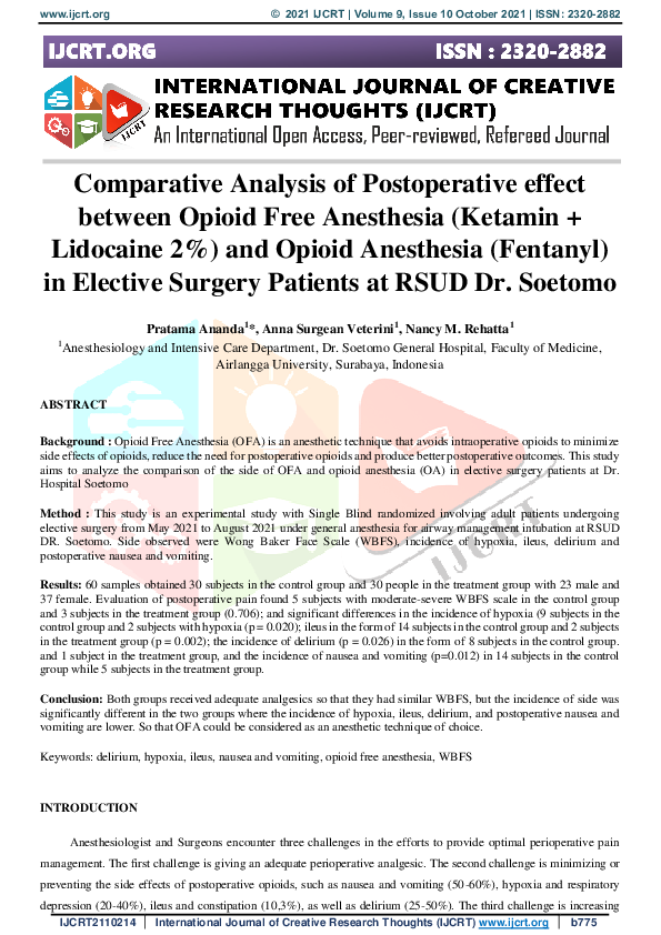 (PDF) Comparative Analysis of Postoperative effect between Opioid Free ...