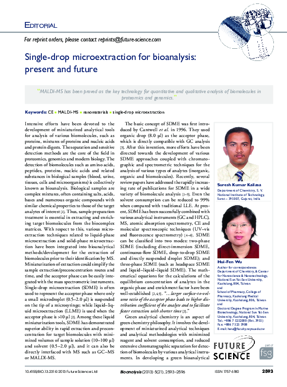 (PDF) Single-drop microextraction for bioanalysis: present and future | Hui-Fen Wu - Academia.edu