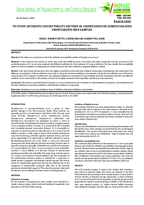 (PDF) The TO STUDY ANTIBIOTIC SUSCEPTIBILITY PATTERN OF STAPHYLOCOCCUS AUREUS ISOLATED FROM ...