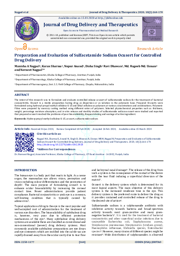 (PDF) Preparation and Evaluation of Sulfacetamide Sodium Ocusert for ...