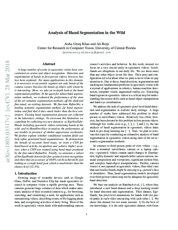(PDF) Analysis of Hand Segmentation in the Wild