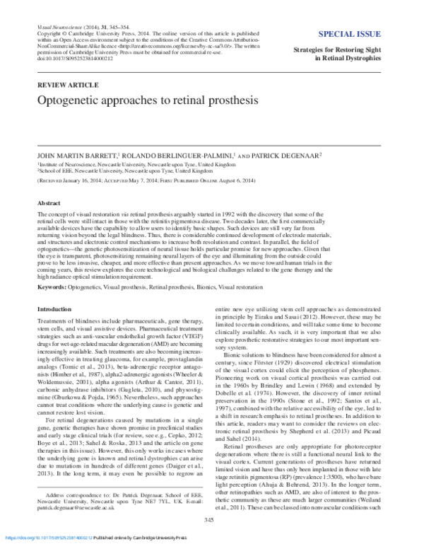 (PDF) Optogenetic approaches to retinal prosthesis