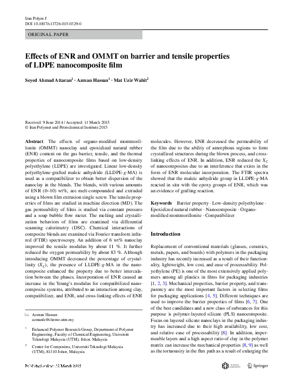 (PDF) Effects of ENR and OMMT on barrier and tensile properties of LDPE ...